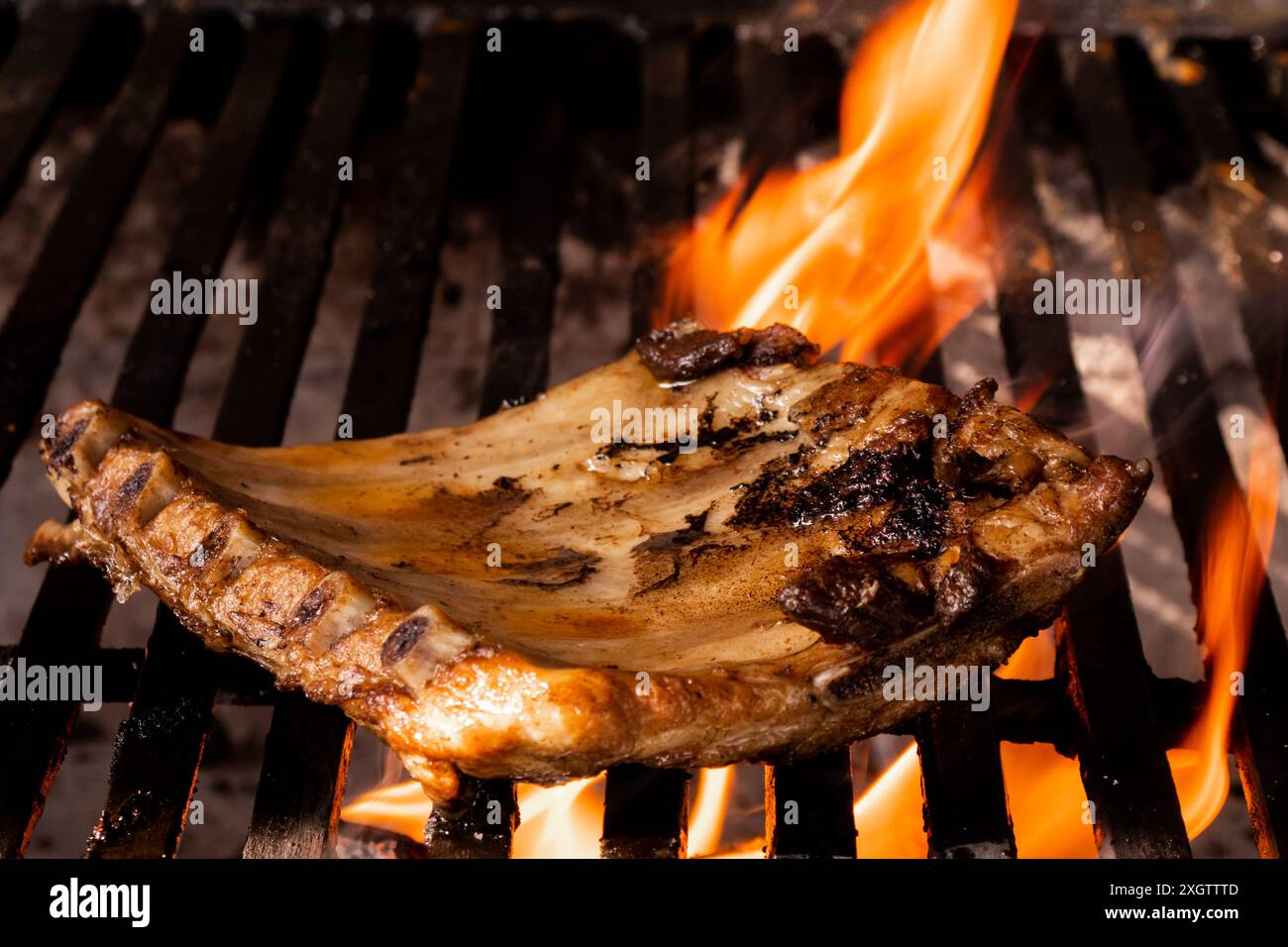 A succulent pork chop is expertly grilled over a fiery barbecue ...