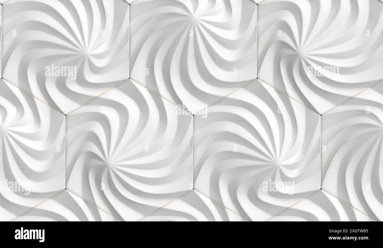 3D illustration of relief 3D panels in the form of hexagons with wavy structure made of ...