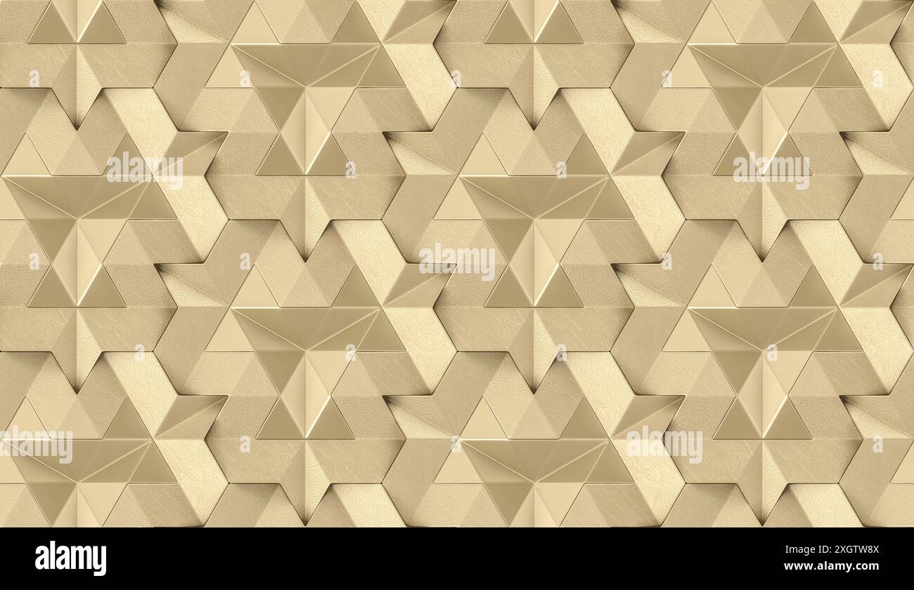 This illustration features a seamless geometric pattern comprised of interlocking 3D golden ...