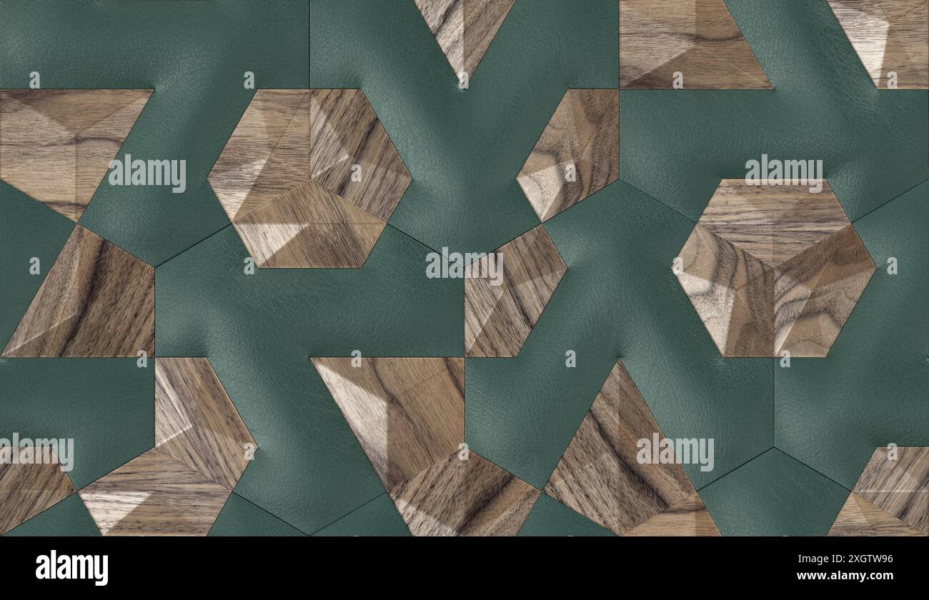 This image features a 3D geometric pattern combining dark green leather ...