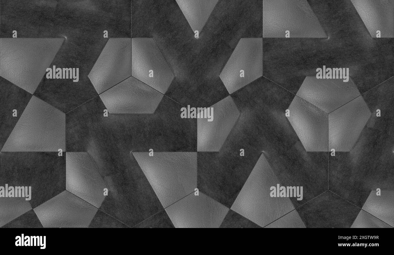 This image features a 3D geometric pattern in varied shades of black ...