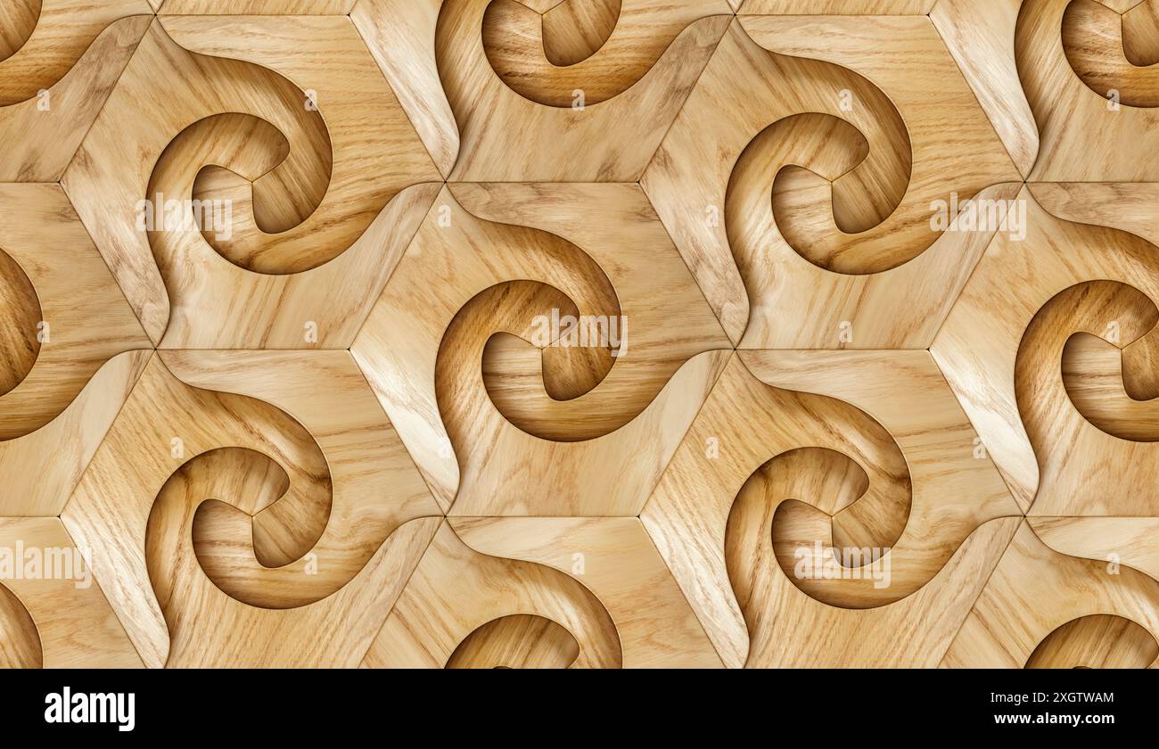 3d wooden spiral panels, hexagon, eco panels natural background Stock ...