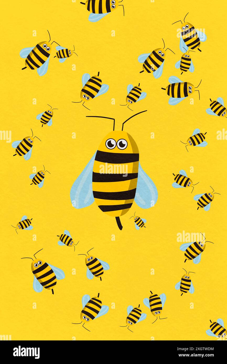 A fun and vibrant pattern featuring animated bees with large eyes ...