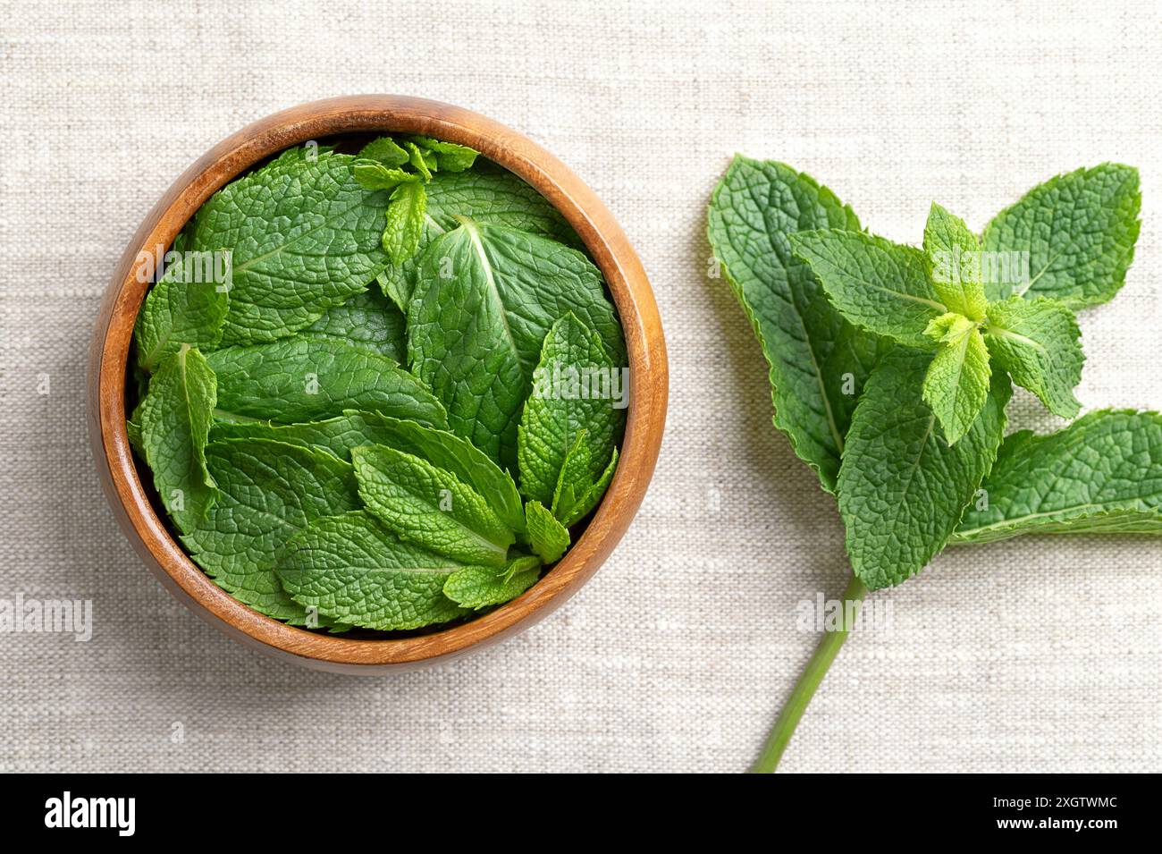 Fresh peppermint leaves in wooden bowl on linen fabric. Hybrid species ...