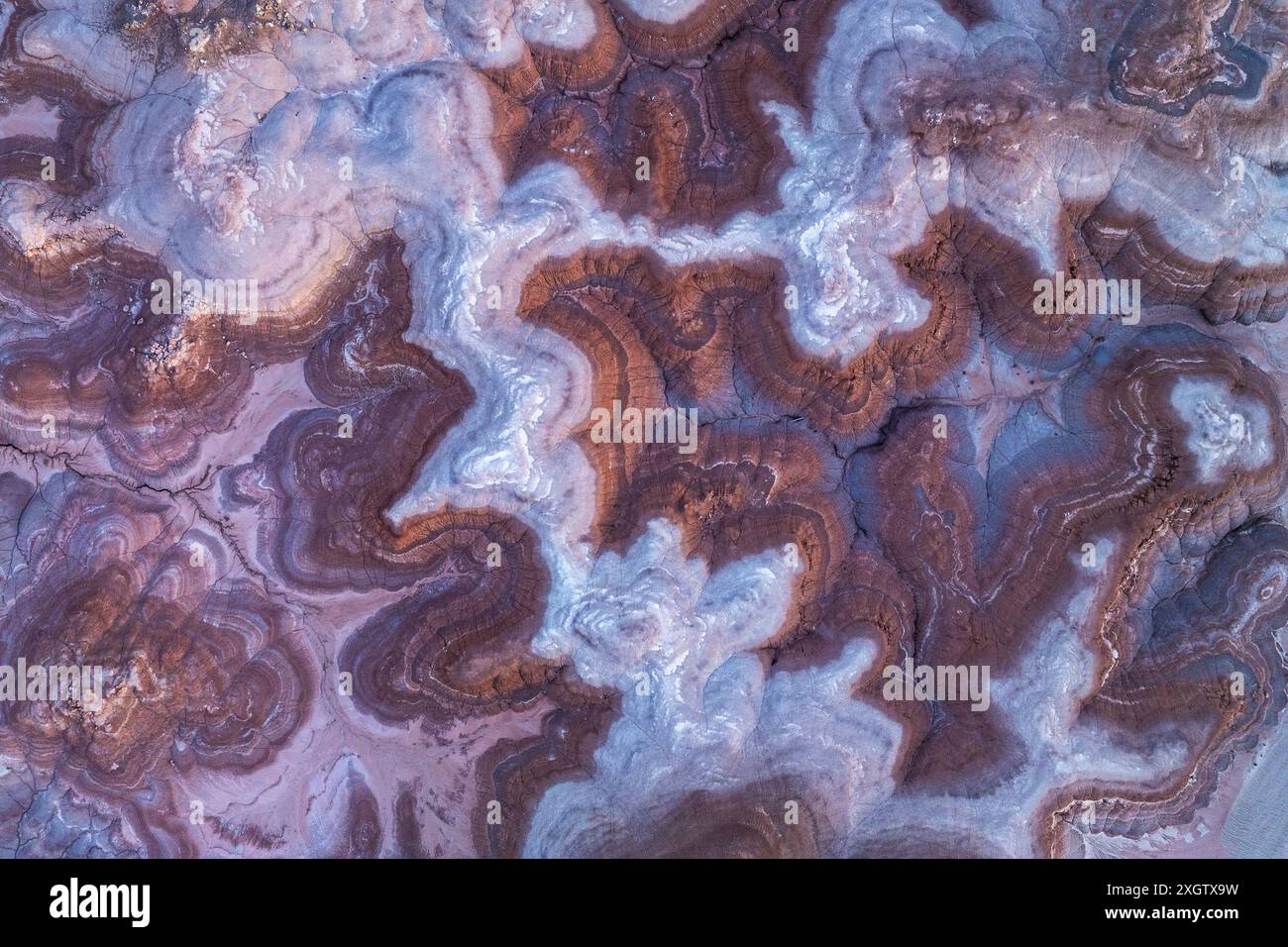 Aerial shot capturing the stunning, intricate patterns of bentonite ...