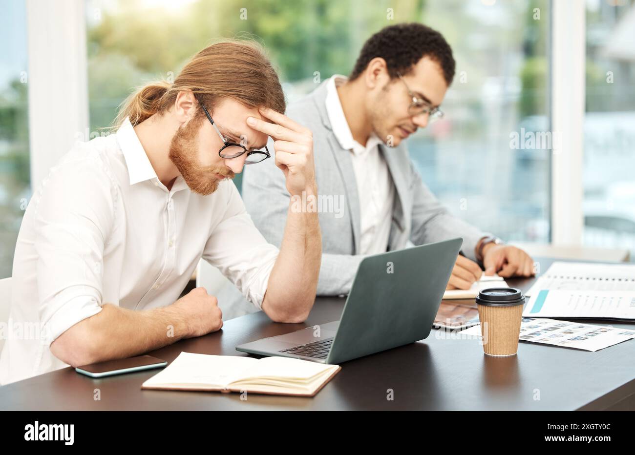 Business, people and stress with strategy in office for project ...