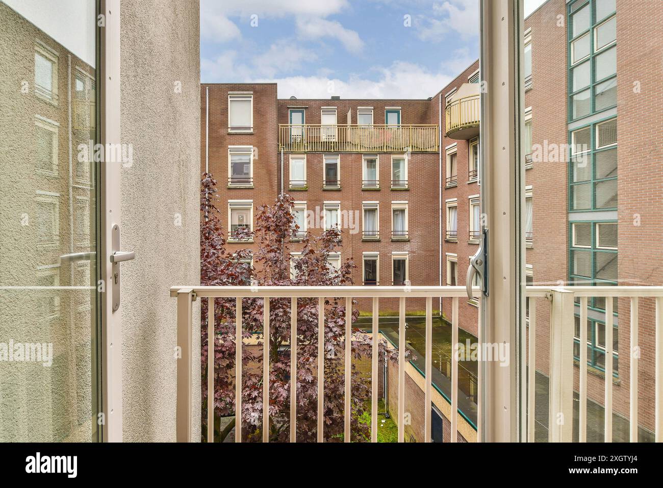 A serene view from a balcony overlooking an inner courtyard with ...