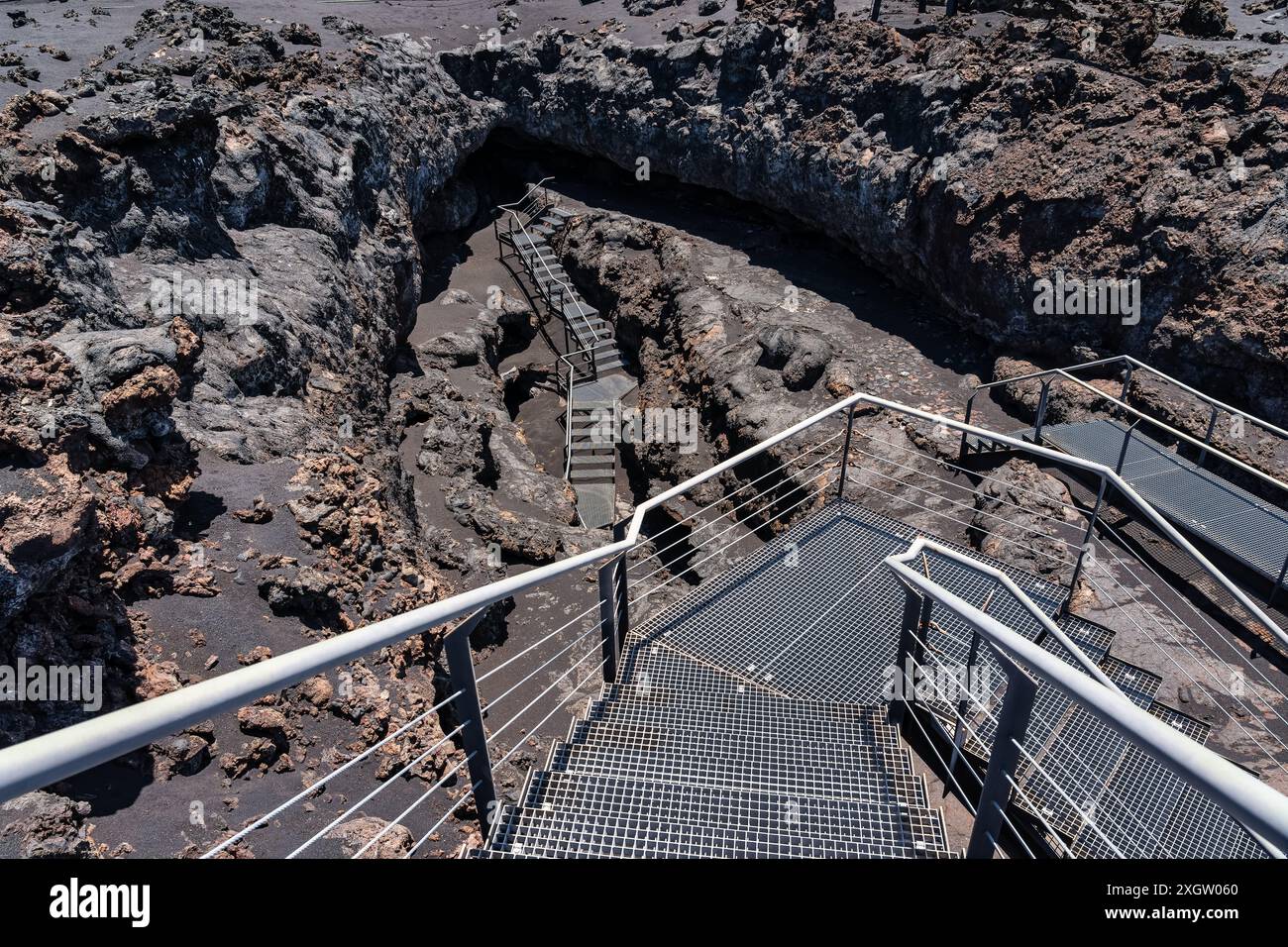 Stairs that give access to underground caves formed by lava on the ...