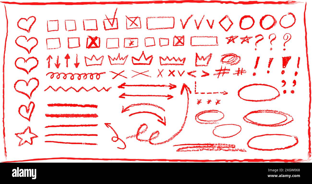 Red underline pencil hand drawn various ellipses, punctuation marks ...
