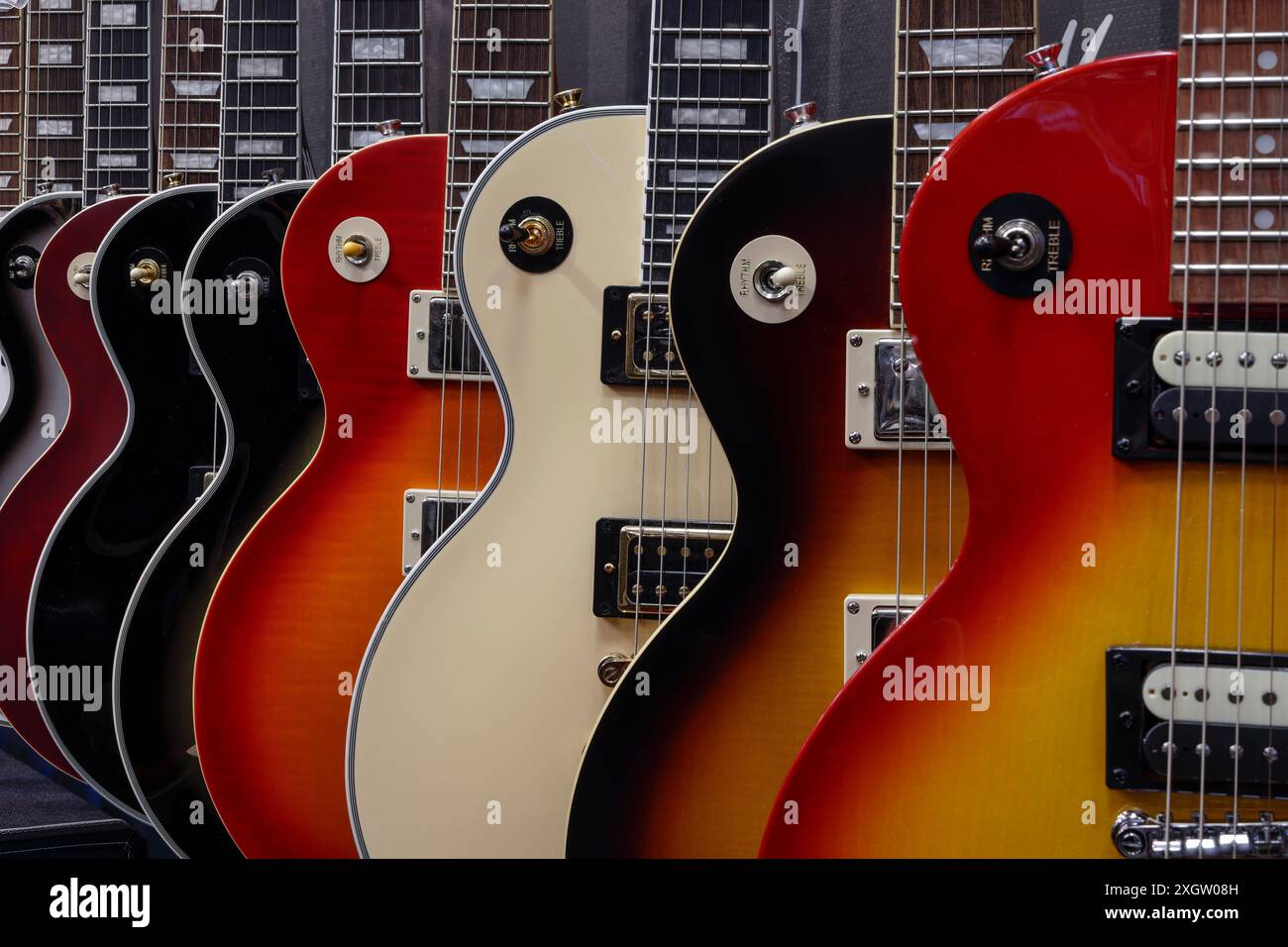 Indianapolis - July 7, 2024: Les Paul guitar display at a music store ...