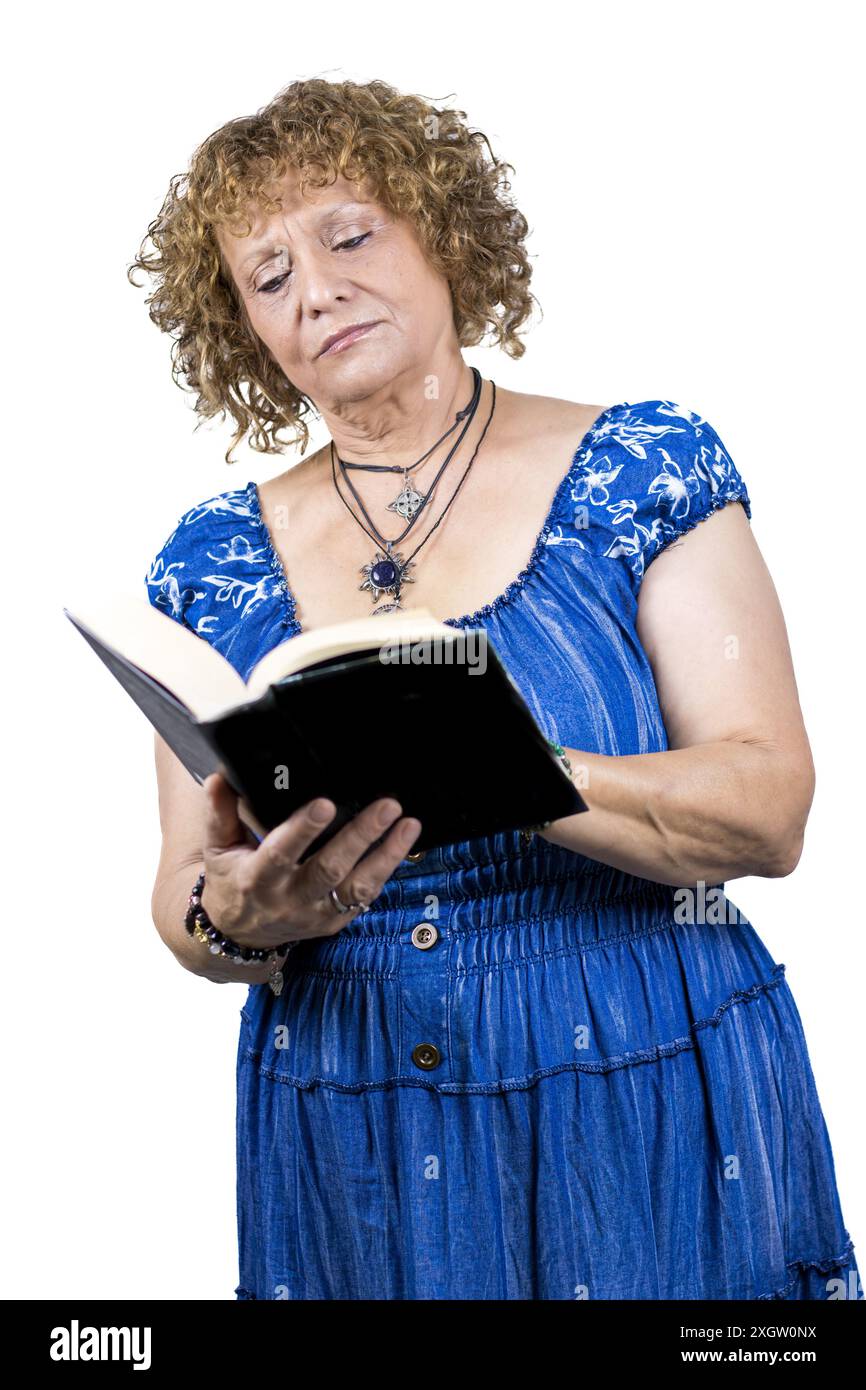 The image showcases a sixty-year-old woman standing against a white ...