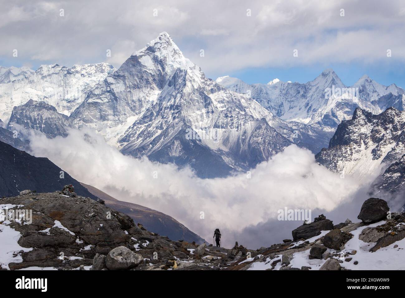 Ama Dablam mountain, sky, clouds, and hiker. Himalaya Stock Photo - Alamy