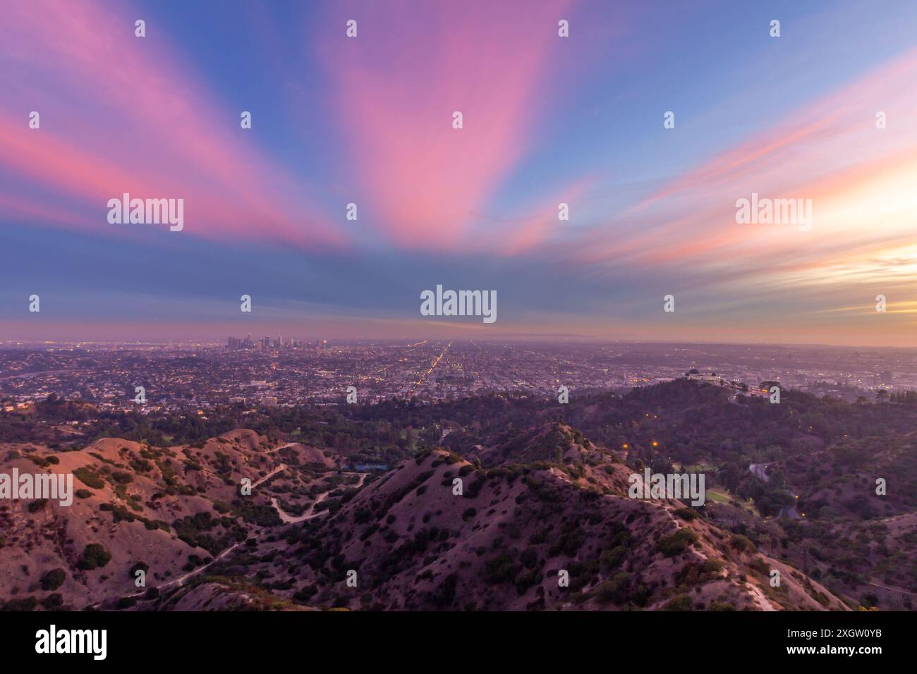 Los Angeles Skyline and Griffith Park at Sunset. California, USA Stock ...