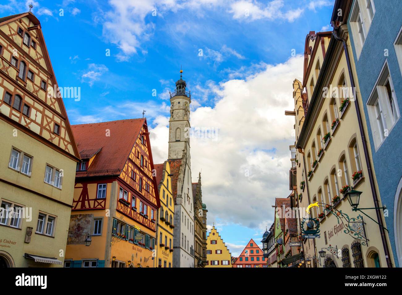 Old clock tower in Rothenburg ob der Tauber; Bavaria, Germany. It is ...