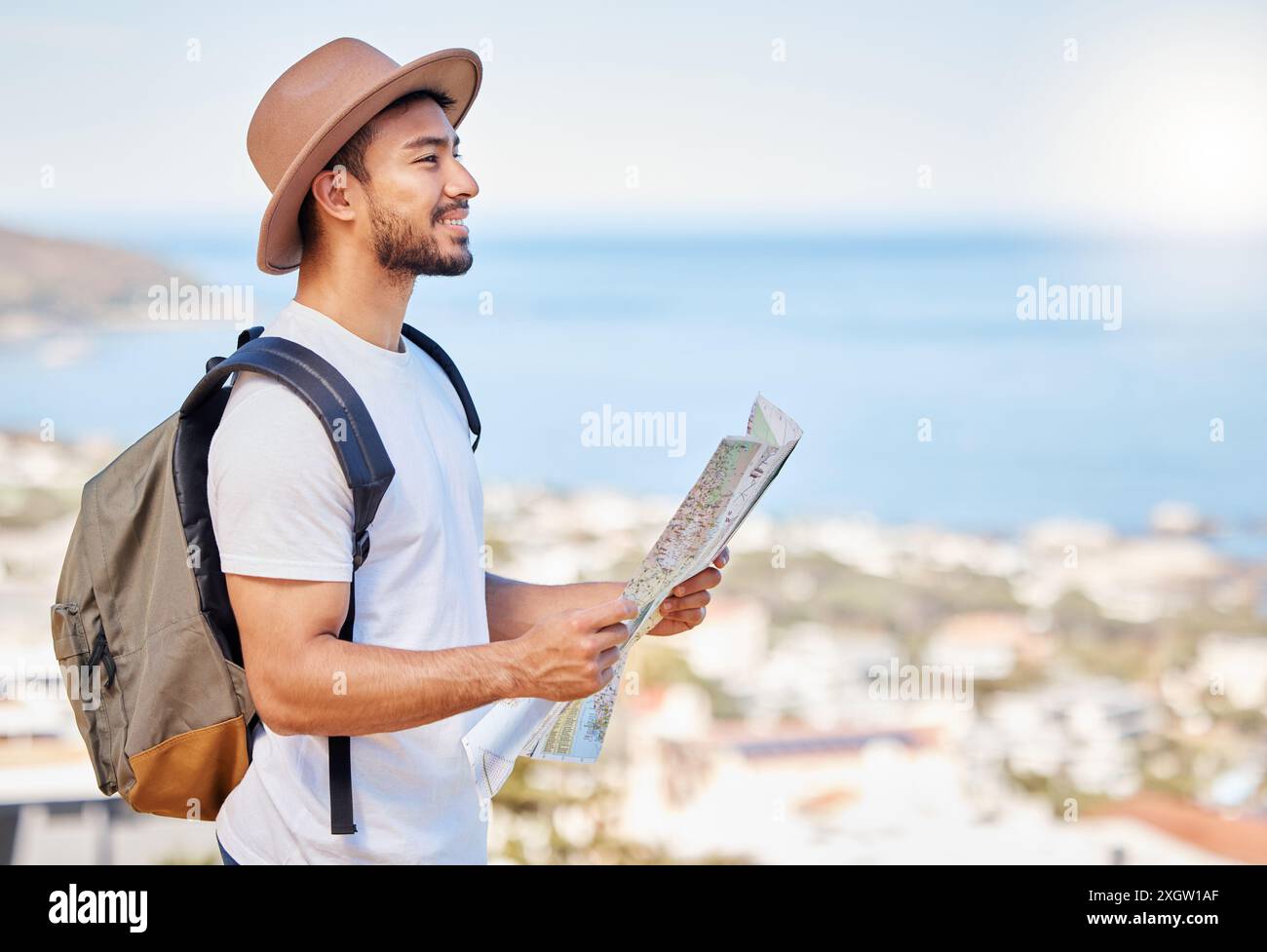 Journey, map and profile of man with backpack for travel, adventure and ...