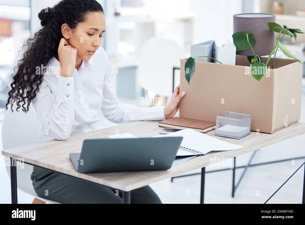 Fired businesswoman, letter or box in office packing for termination ...