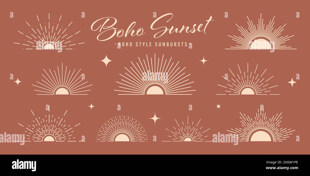 Vintage sunburst, sunset beams, half circle sunrise. Boho style, modern ...