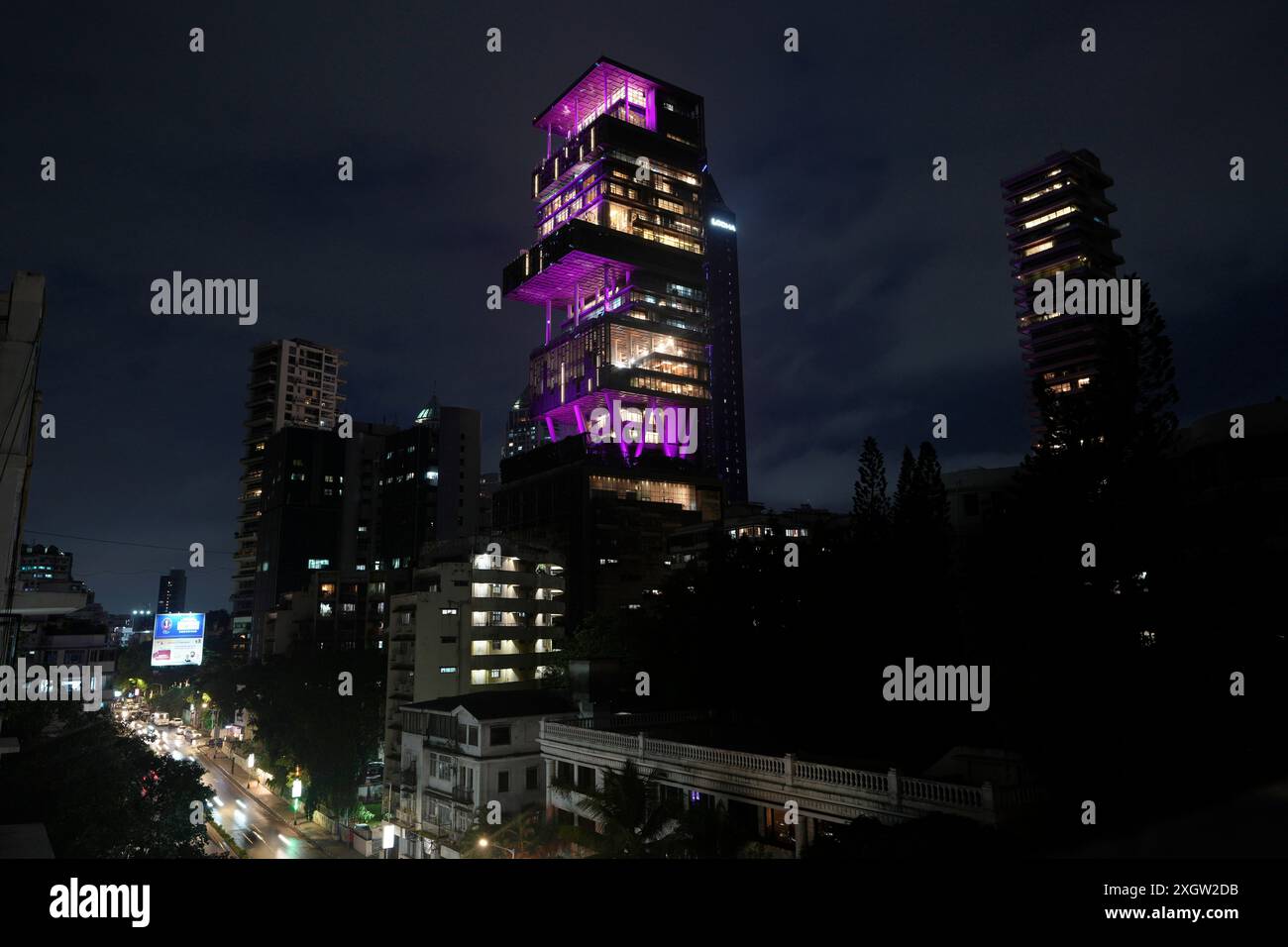 The Antilia mansion, house of billionaire Mukesh Ambani is lit up ahead ...