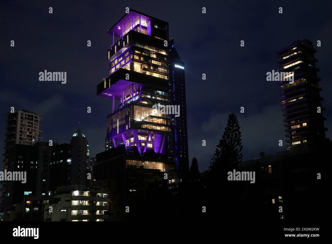 The Antilia mansion, house of billionaire Mukesh Ambani is lit up ahead ...