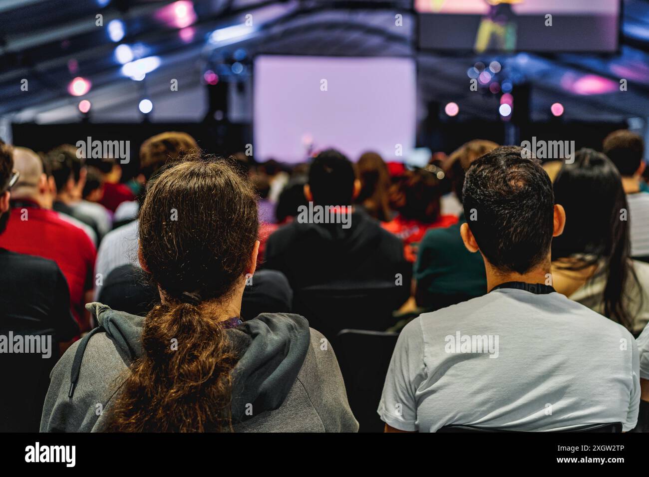 Rear view of diverse audience attending a conference or seminar. Crowd ...
