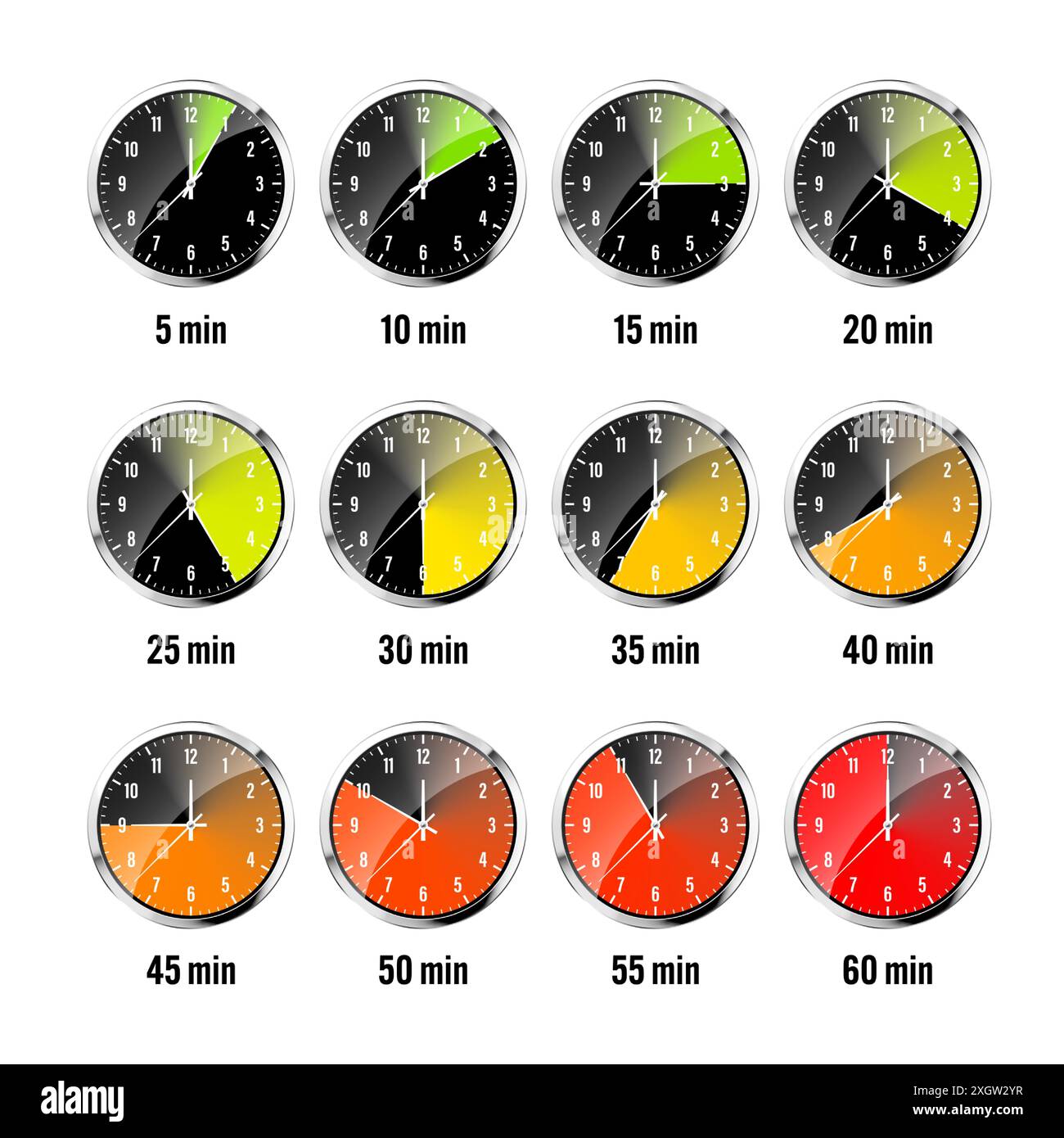 Wall clock, stopwatch icons. Shiny metal chronometer, time counter with ...