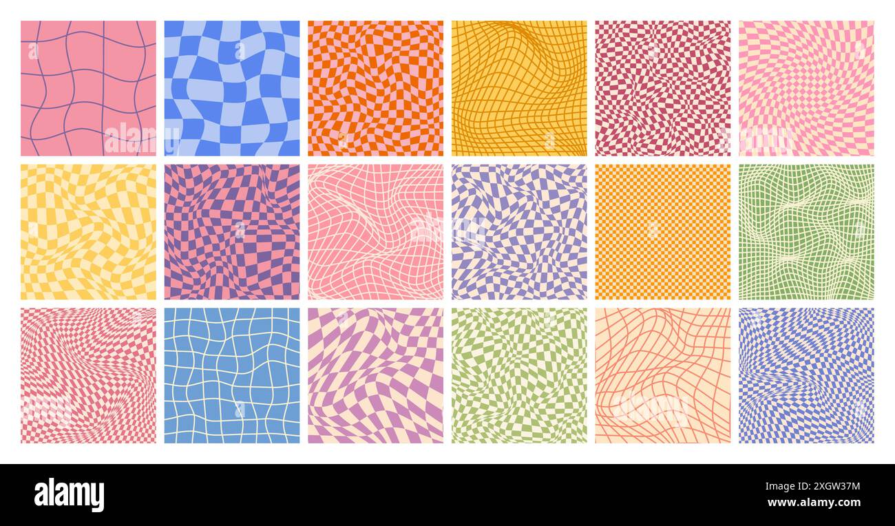 Groovy checkered pattern, colorful distorted tiled grid. Vintage wavy curved backdrop ...