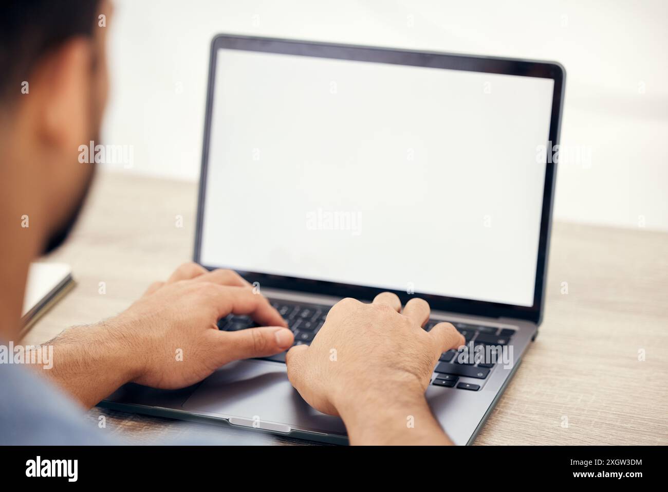 Screen, typing and hands with laptop, online and virtual assistant in ...