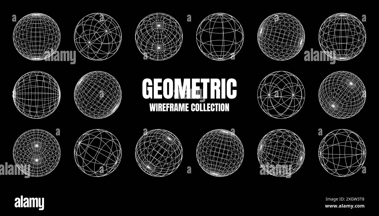Wireframe shapes, lined sphere. Perspective mesh, 3d grid. Low poly ...