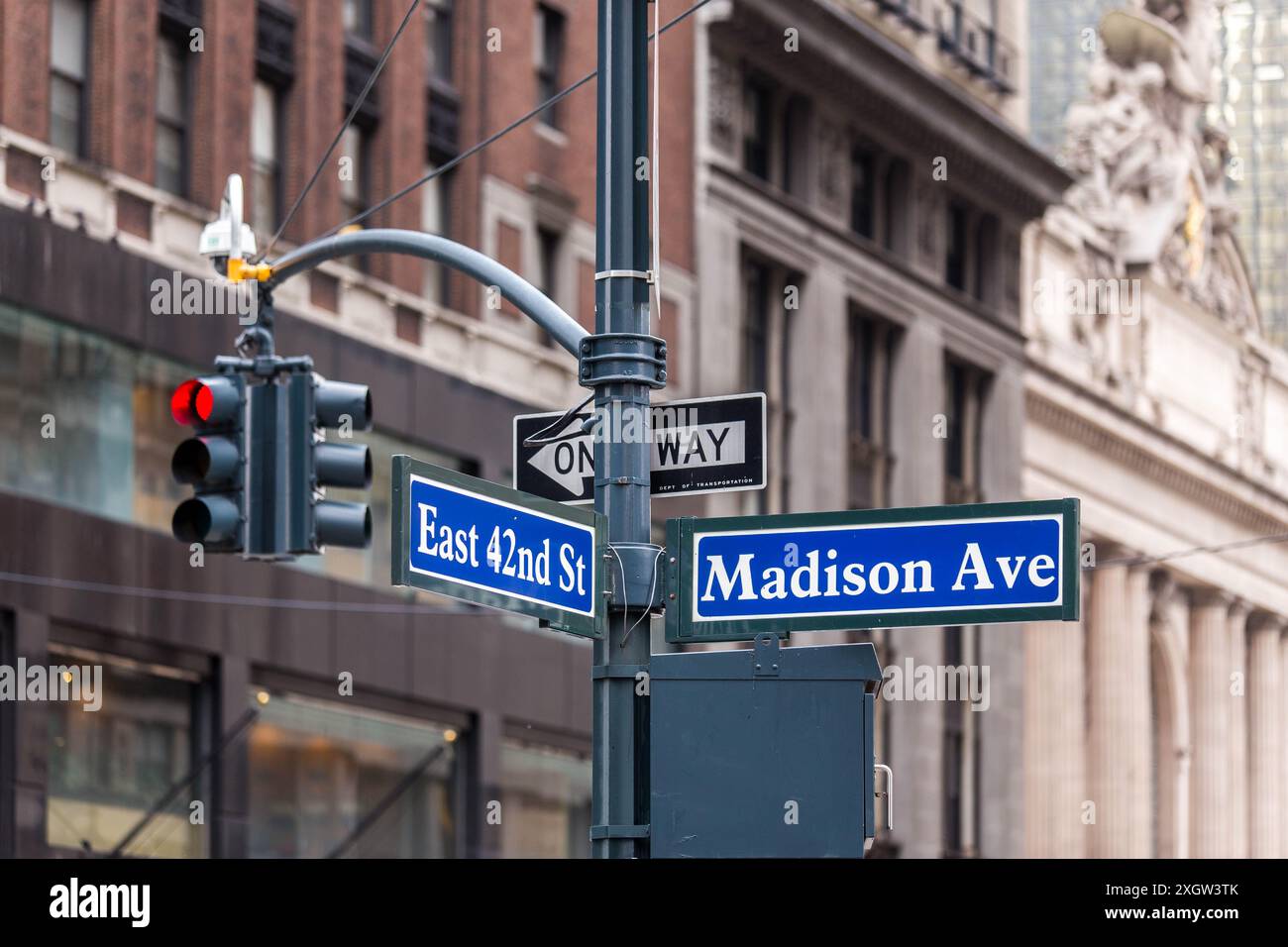 New York Traffic Lights and Street Signs for Madison Avenue Stock Photo ...