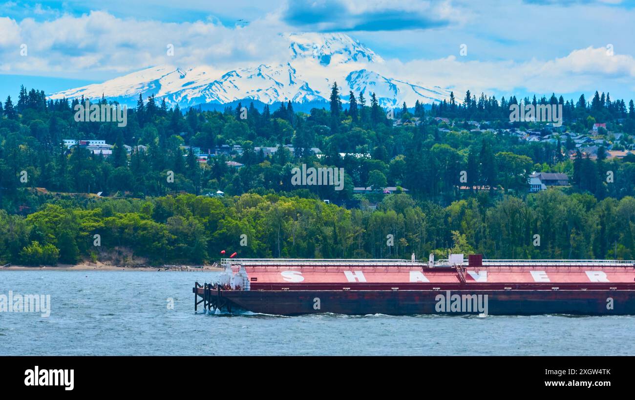 Aerial View of Red Barge on Columbia River with Mount Hood Background ...