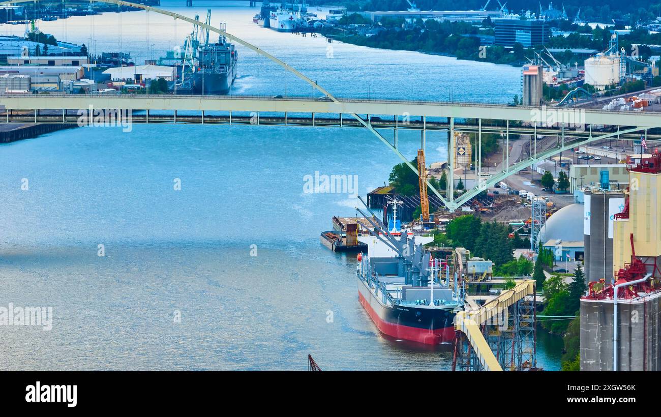 Aerial View of Portland Industrial River Scene with Cargo Ship and ...