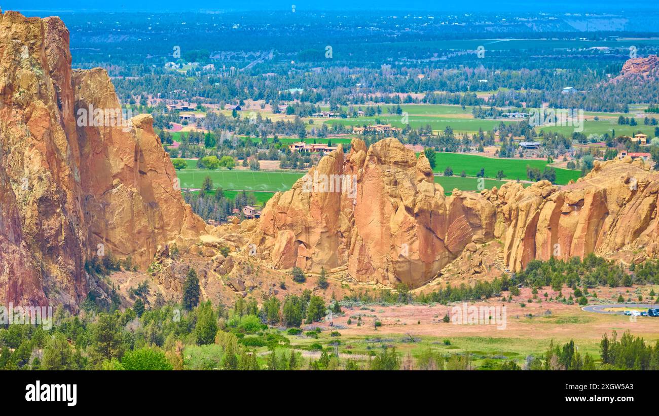 Aerial View of Rugged Rock Formations and Lush Valley at Smith Rock ...