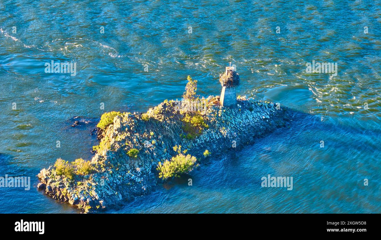 Aerial View Isolated Rocky Outcrop in Flowing River Stock Photo - Alamy