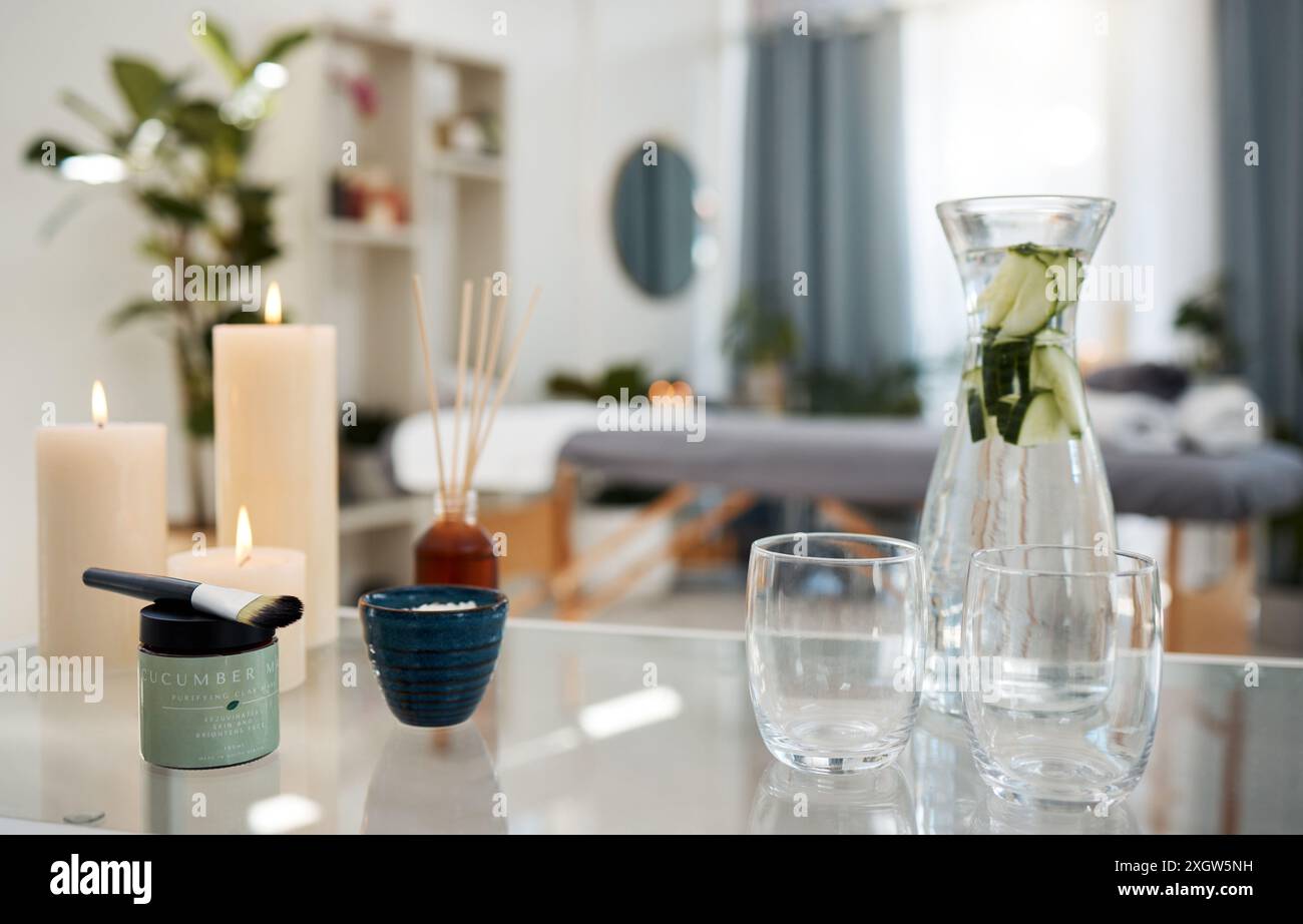 Relax, interior and spa with supplies for treatment, water container ...