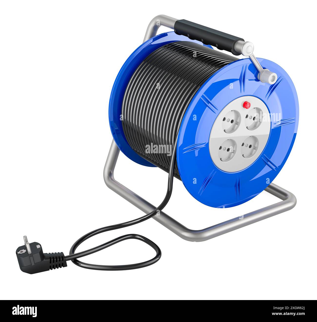 Blue industrial cable reel with 4 sockets, 3D rendering isolated on ...
