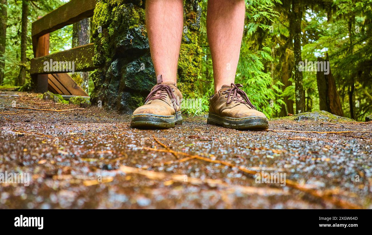 Hiking Boots on Wet Forest Trail Ground Level Perspective Stock Photo ...
