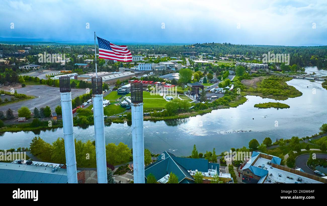 Aerial View American Flag Over Old Mill District Bend Oregon Stock ...