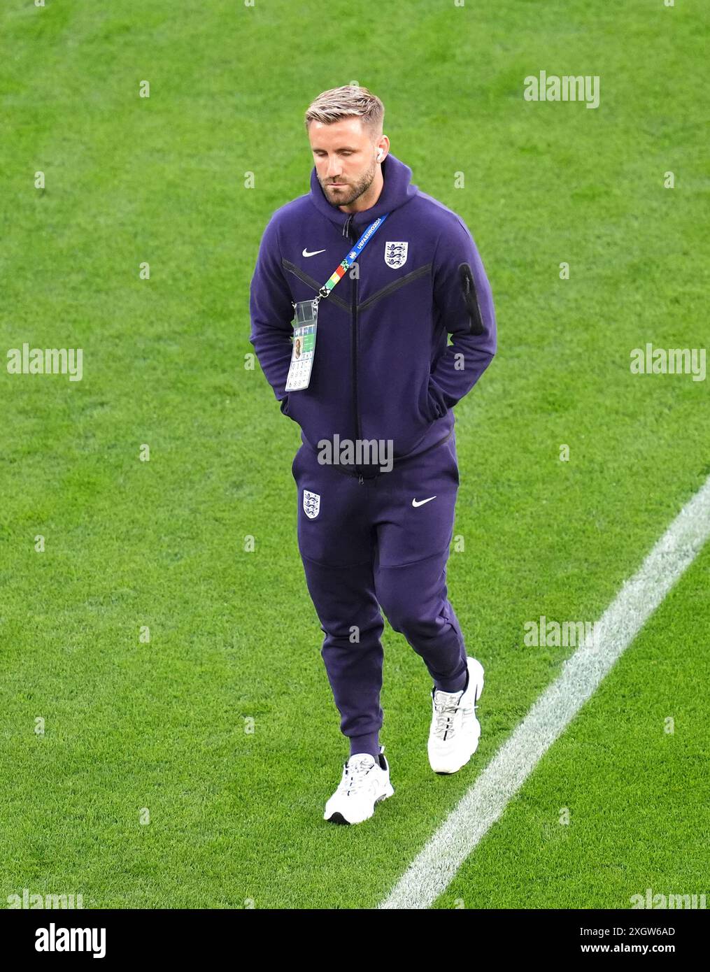 England's Luke Shaw inspects the pitch before the UEFA Euro 2024, semi ...