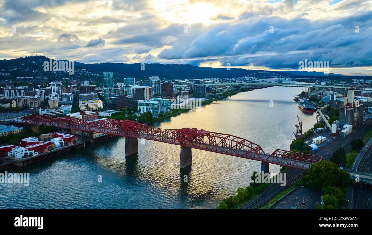 Aerial View of Portland Downtown with Broadway Bridge and River ...