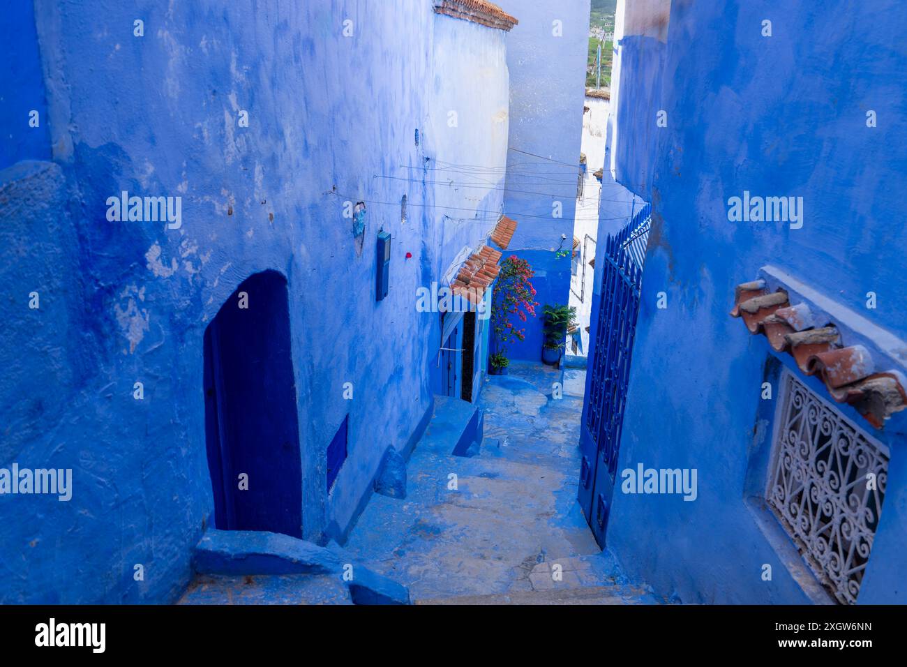 Under clear skies, the Chefchaouen alleys are a labyrinth of walls and ...