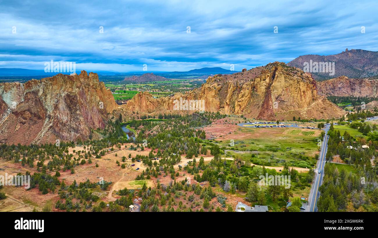 Aerial Over Smith Rock Cliffs and River Valley Stock Photo - Alamy