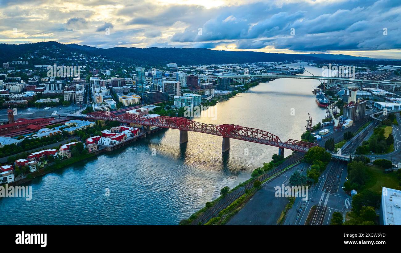 Aerial View of Portland's Broadway Bridge and River at Dusk Stock Photo ...