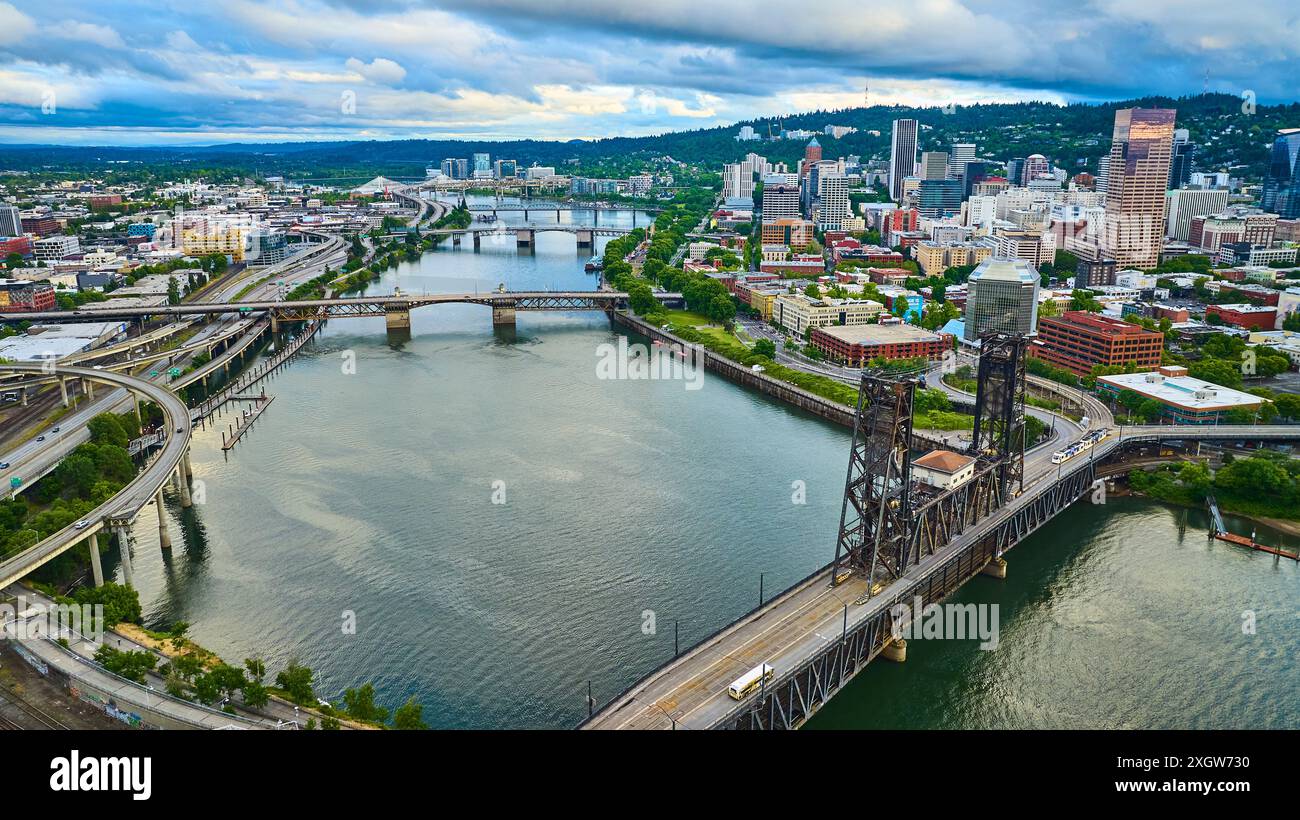 Aerial Fly Through of Portland Steel Bridge and Downtown Cityscape ...