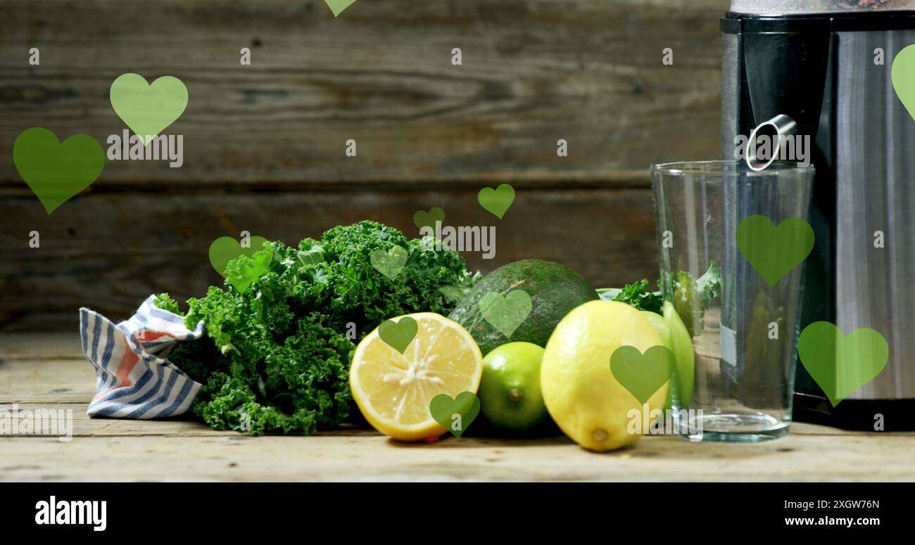 Image of heart icons over vegetables. national vegetarian week and ...