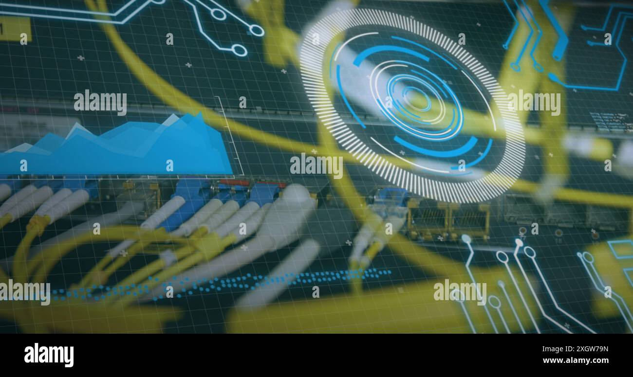 Image of data processing over computer wires. image of data processing over caucasian woman ...