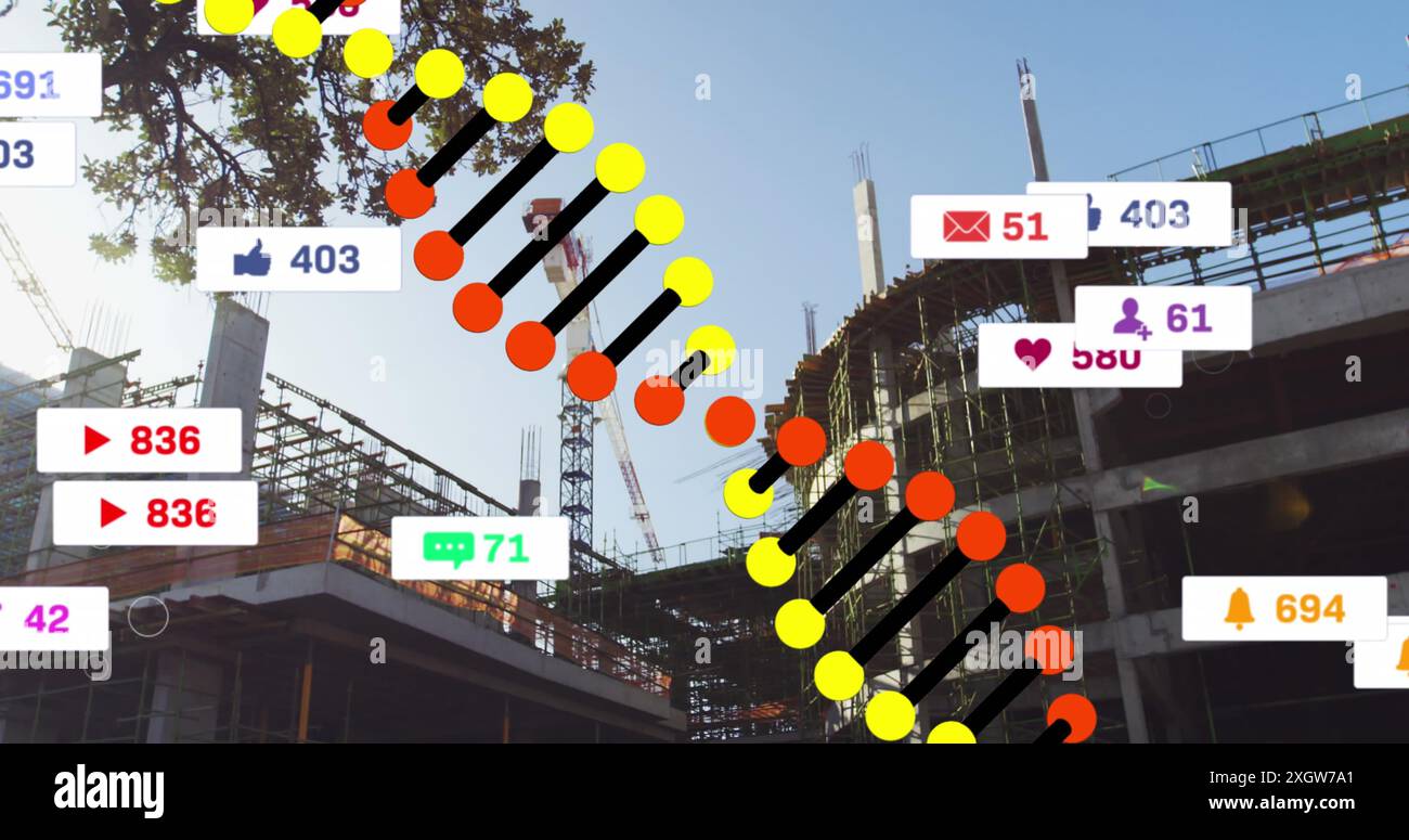 Image of dna strand and media icons over cityscape. social media and ...