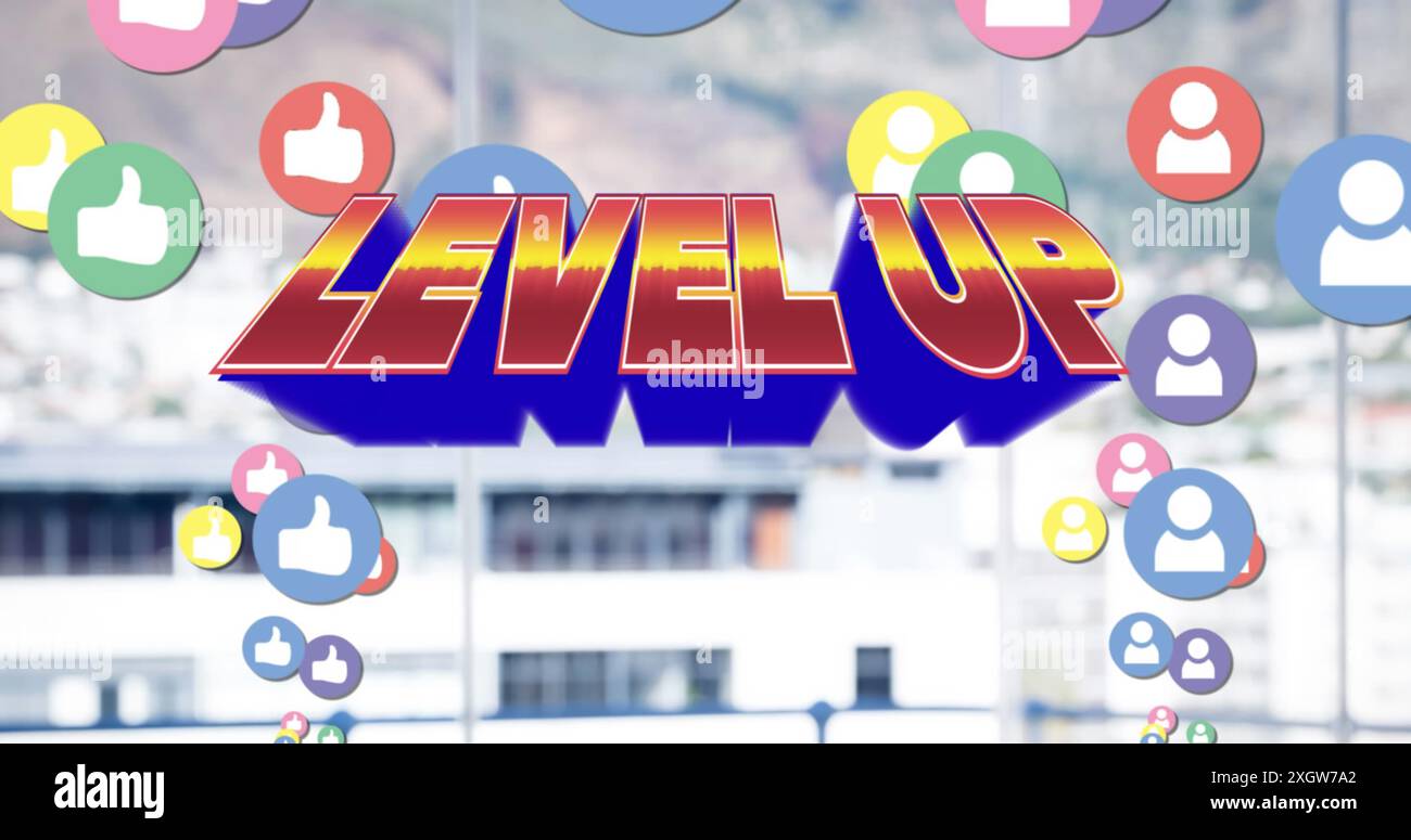 Image of level up and social media reactions over cityscape. image game ...