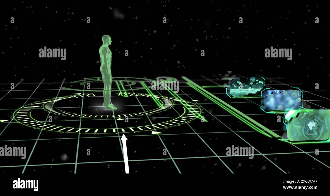 Screens with data processing and human body model over a round scanner against black background ...