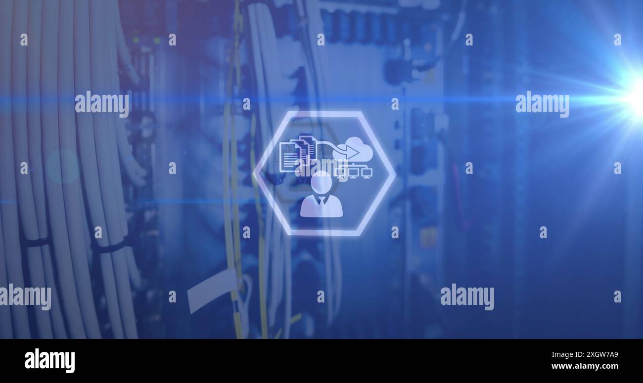 Image of technology icons over computer wires. global network, data ...