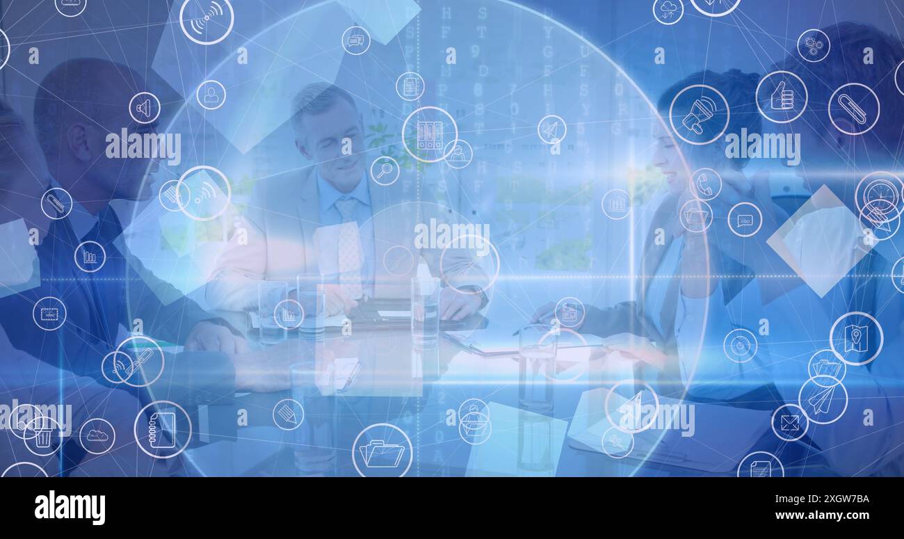 Image of network of digital icons over globe and diverse business ...